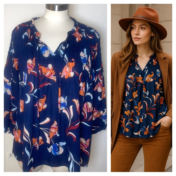 a.n.a | Tops | Ana Navy Floral Smocked Peasant Blouse M Boho Chic ...